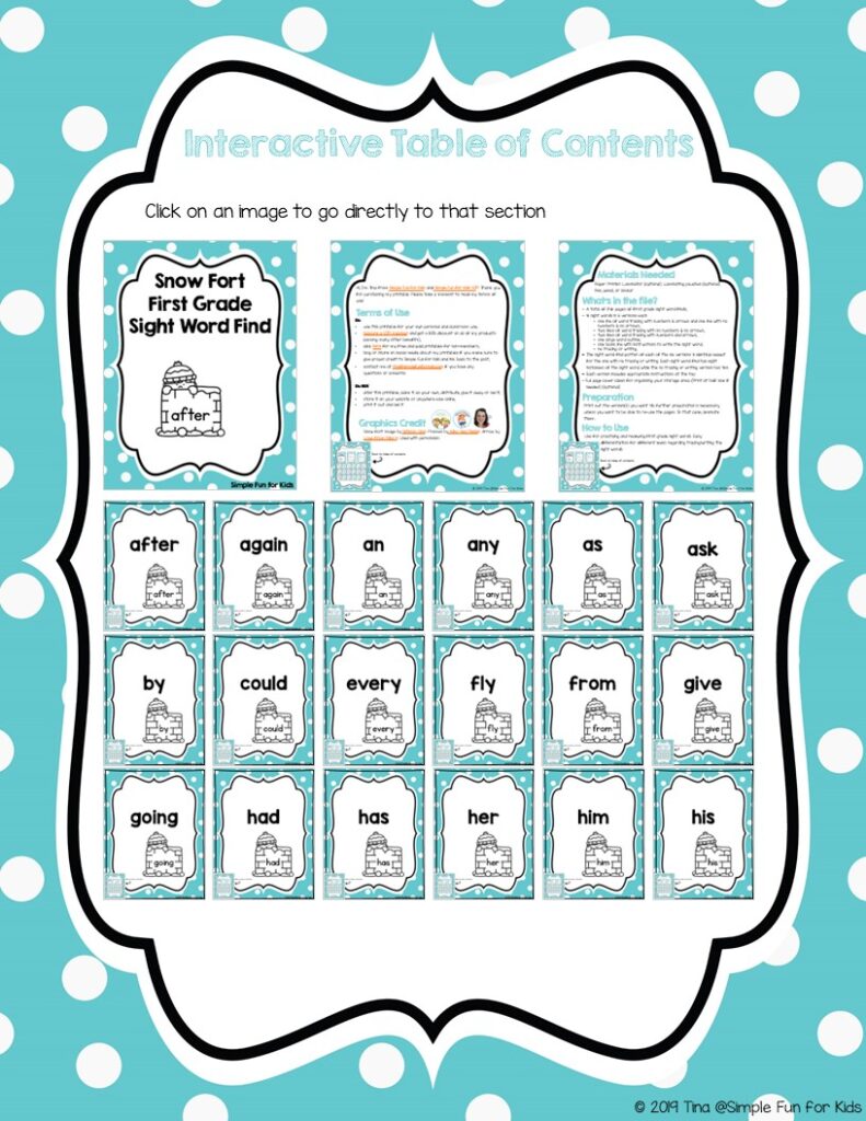 Snow Fort First Grade Sight Word Find - Simple Fun for Kids Shop